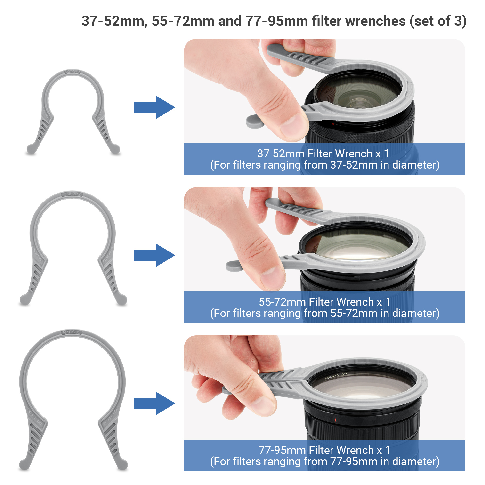 Camera Lens Filter Wrench Kit for Filter Thread Size from 37mm to 95mm ...
