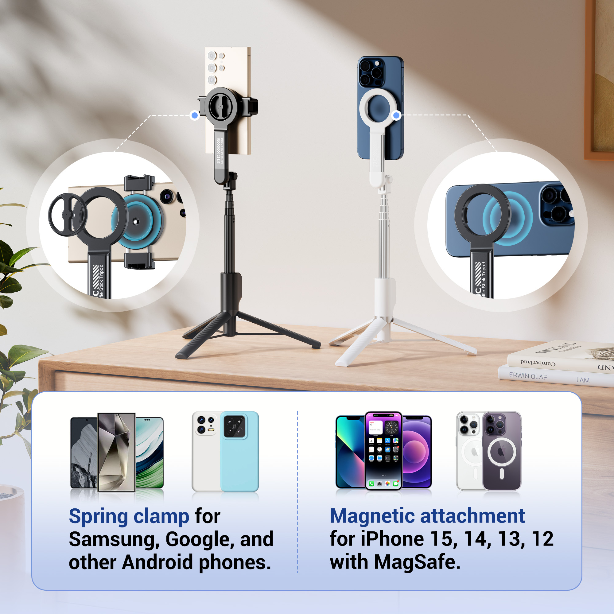 JJC Magnetic Selfie Stick Phone Tripod Stand with Remote for iPhone 15 ...