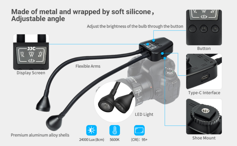 JJC LED Macro Arm Light with 10 Level Ajustable Brightness,CRI 95 ...